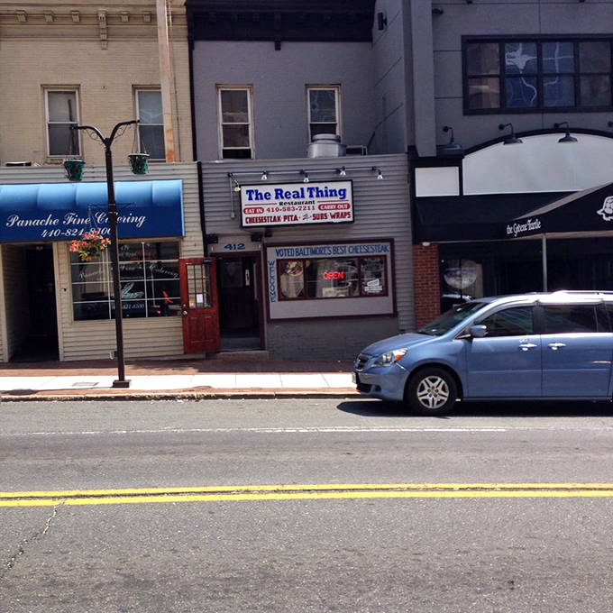 The unassuming storefront of The Real Thing in Towson might not catch your eye, but locals know this modest exterior hides cheesesteak greatness within.