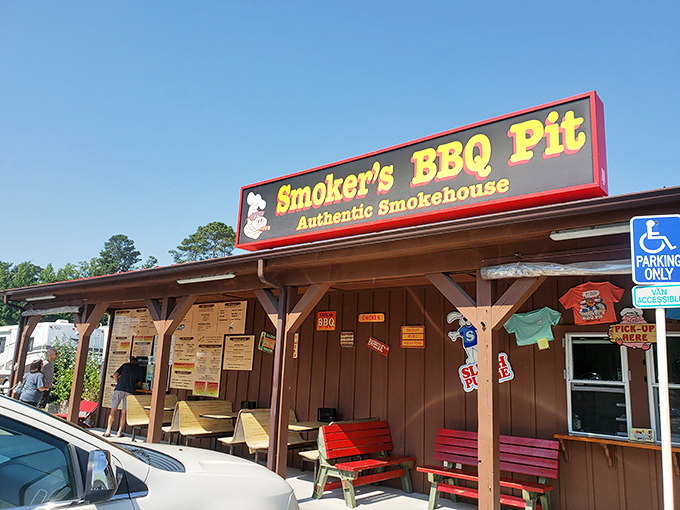 The humble wooden exterior of Smoker's BBQ Pit belies the flavor explosion waiting inside. Beach vacations need this kind of unpretentious barbecue sanctuary.