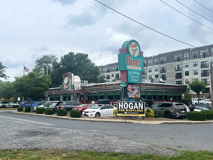 The retro facade of Double T Diner glows like a beacon for hungry travelers. Classic glass blocks and chrome trim scream "authentic American diner experience."