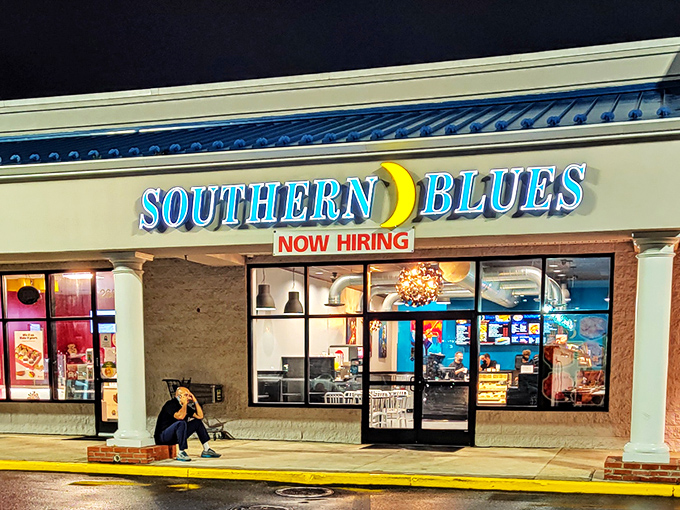 The bright blue sign with its cheerful yellow moon beckons like a lighthouse for the hungry soul. Southern comfort awaits inside.