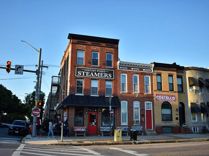 The corner brick building stands like a lighthouse for seafood lovers navigating Baltimore's Locust Point neighborhood.