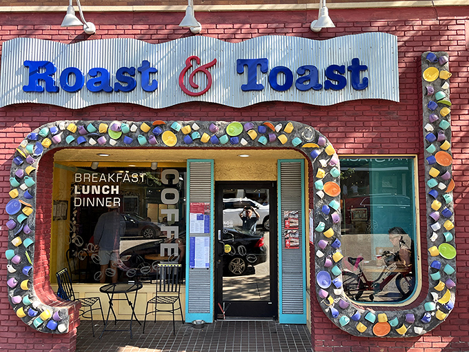 The colorful coffee mug entrance to Roast & Toast isn't just decorative&mdash;it's a caffeinated welcome committee promising good things await inside.