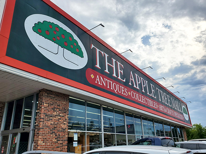 The iconic red and green sign of The Apple Tree Mall beckons treasure hunters, promising a wonderland of collectibles just waiting to be discovered.