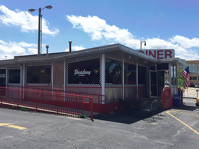The classic American diner dream in white and red, Broadway Diner stands proudly against the Missouri sky like a beacon for breakfast pilgrims.