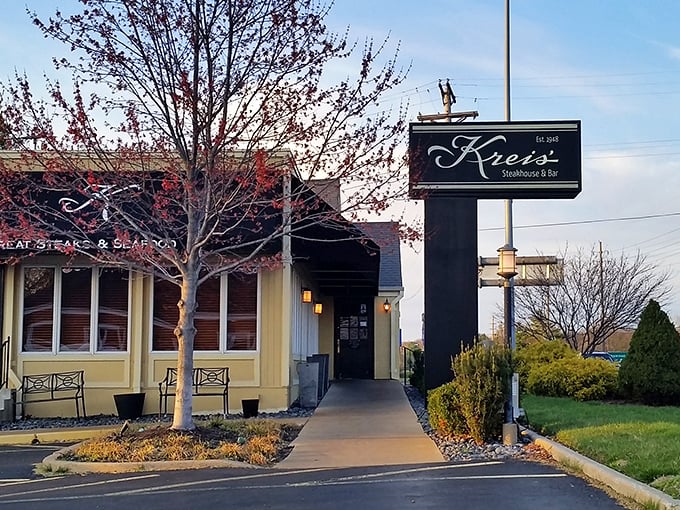 Kreis' unassuming exterior hides a temple of beef worship within. Classic cream and burgundy colors signal you've arrived somewhere timelessly special.