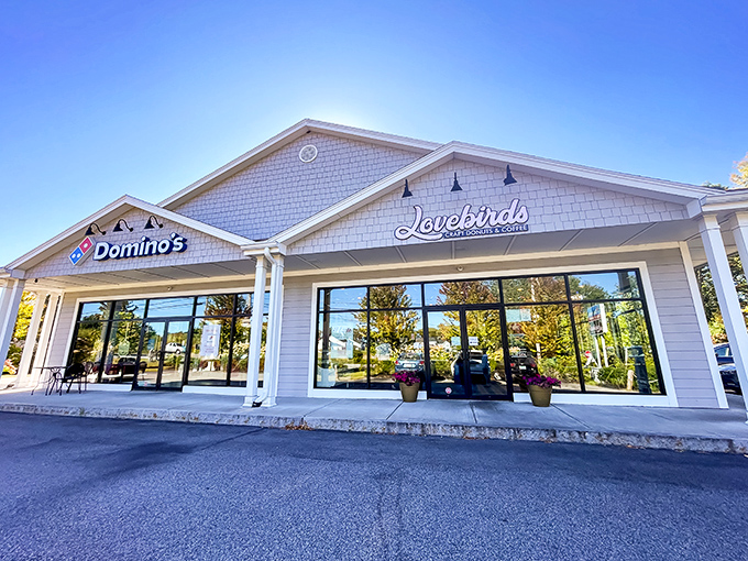 The welcoming gray shingled exterior of Lovebirds Donuts beckons like a siren song to donut lovers across state lines.