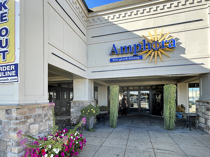 Amphora's welcoming storefront promises Mediterranean delights within, like finding a Greek island vacation hiding in a New Hampshire strip mall.
