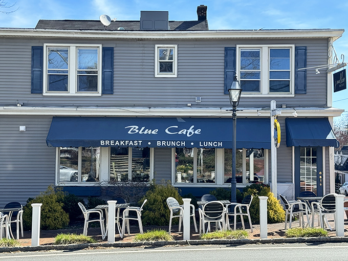 The welcoming blue awnings and vibrant potted plants make Blue Cafe's exterior as inviting as a friend's porch on a perfect summer day.