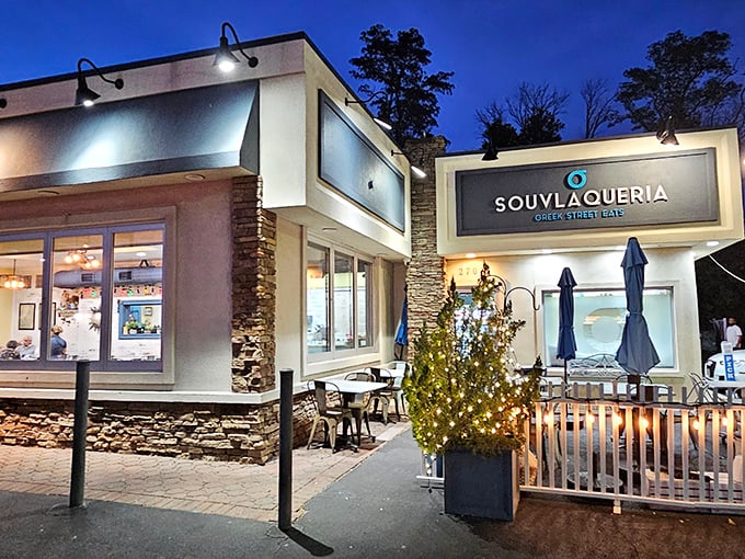 Souvlaqueria's modern storefront beckons with its distinctive blue eye logo, promising Greek street food that'll transport you straight to Athens without the jet lag.
