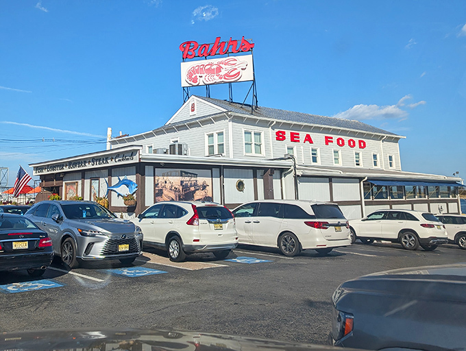 The iconic red "RESTAURANT" sign at Bahrs Landing isn't just advertising&mdash;it's a beacon of hope for seafood lovers navigating the Jersey Shore in search of their next great meal.