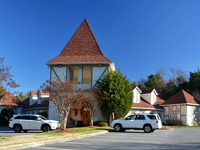 Bavaria meets the Carolinas in this charming Tudor-style exterior. The steep-pitched roof practically yodels "authentic German cuisine awaits inside!"