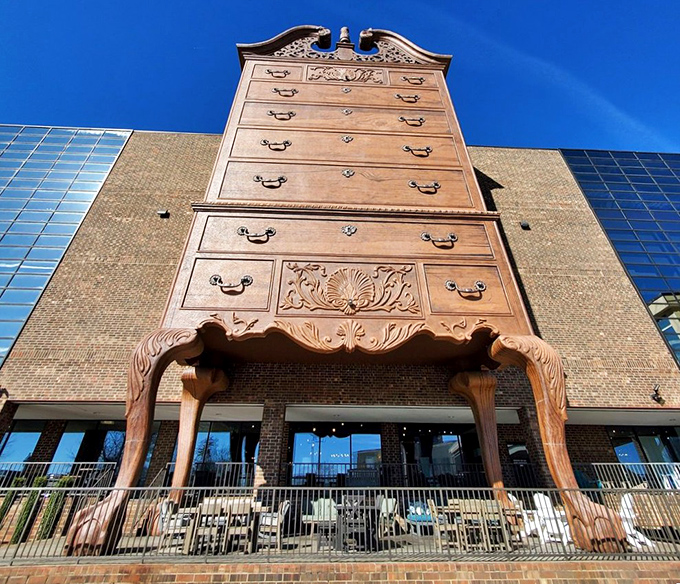 The world's largest highboy dresser isn't compensating for anything &ndash; it's actually Furnitureland South's iconic headquarters in Jamestown, NC.