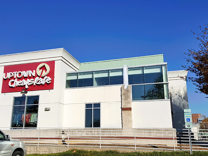 The modern, eye-catching exterior of Uptown Cheapskate stands out like a fashion beacon in Raleigh, promising treasure hunters a stylish adventure within.