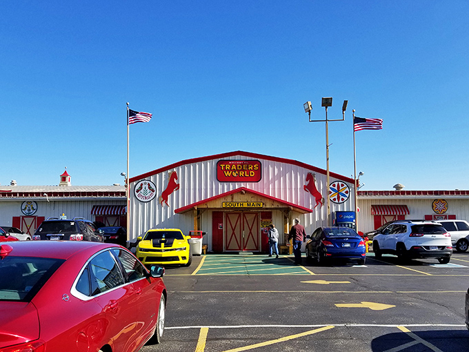 Welcome to Traders World, where bargain hunting meets Wonderland! This whimsical entrance promises a day of treasure-seeking adventures.