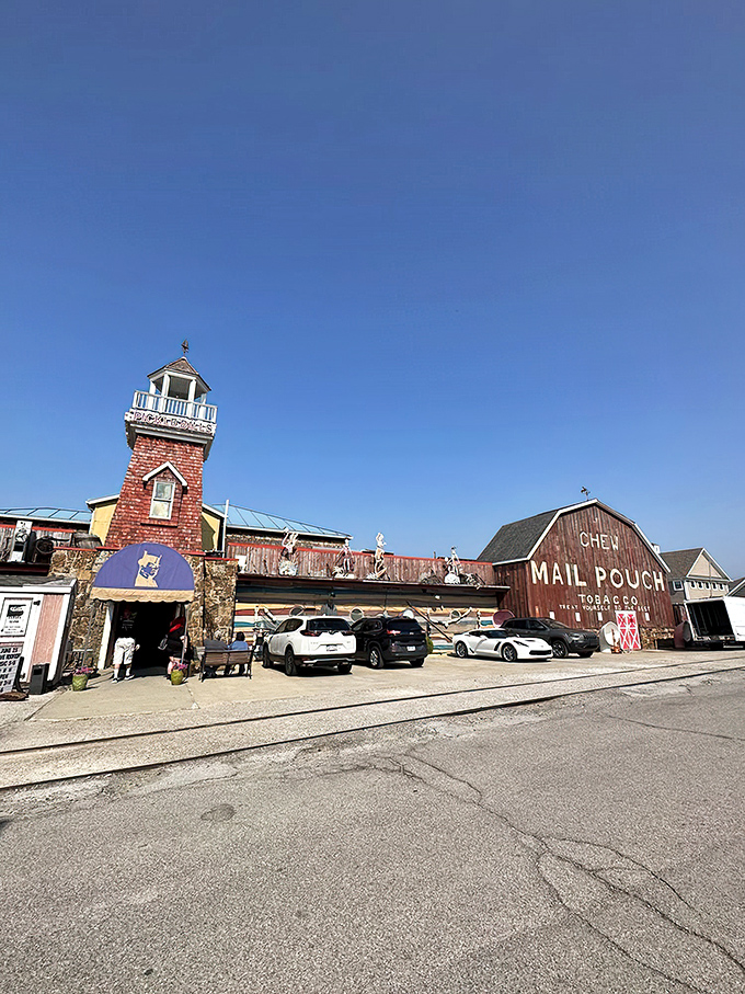 The lighthouse-topped entrance of Pickle Bill's stands like a New England mirage in Ohio, complete with that charming Mail Pouch Tobacco barn.