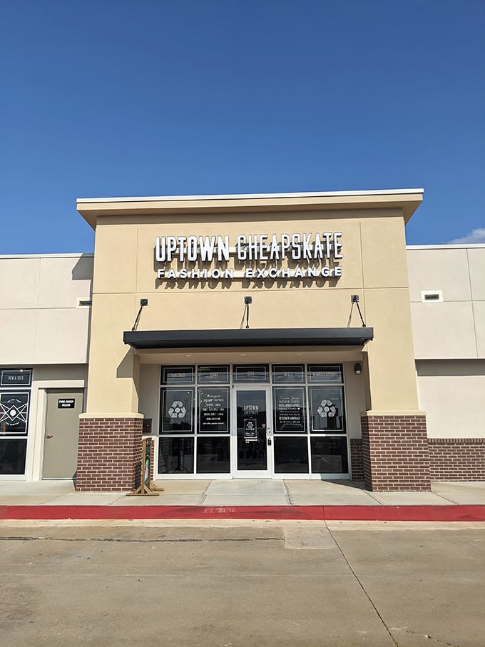 The unassuming exterior of Uptown Cheapskate in Midwest City hides a treasure trove of fashion finds that would make any bargain hunter's heart skip a beat.