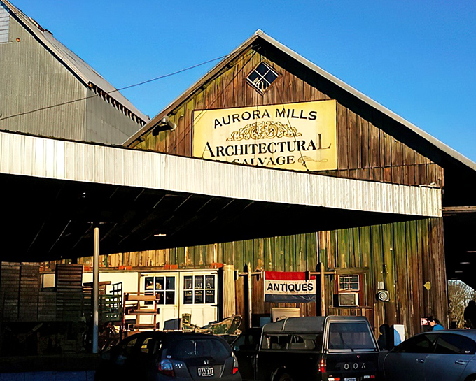 The weathered barn exterior of Aurora Mills isn't just a building&mdash;it's a time machine disguised as Oregon's ultimate treasure chest.