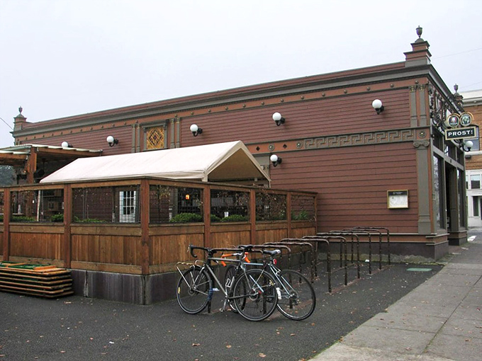 A sunset-kissed façade that promises Bavarian delights within. Portland's Mississippi neighborhood hides this German gem where pretzels reign supreme.