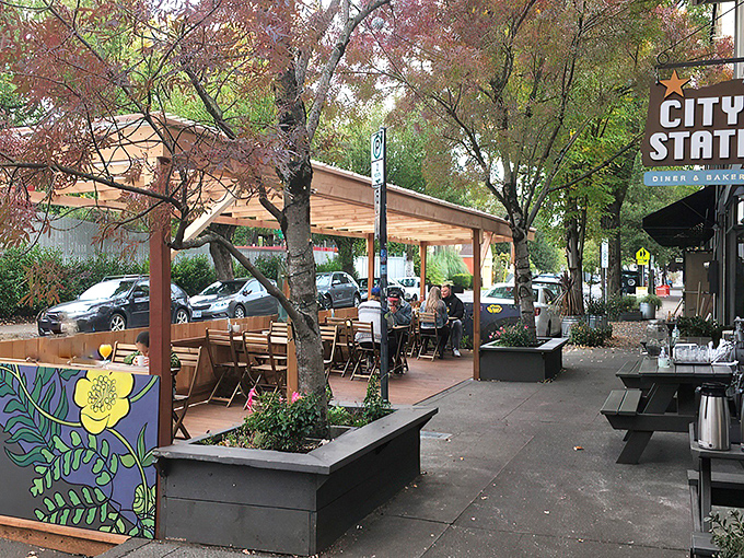 The iconic City State sign beckons hungry Portlanders like a lighthouse for the breakfast-obsessed. Those picnic tables have witnessed countless weekend recovery brunches.