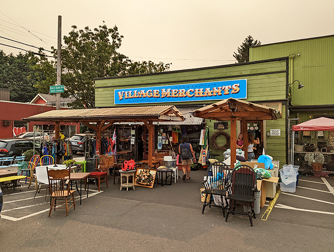 The unmistakable lime-green exterior of Village Merchants stands out like a beacon for treasure hunters on SE Division Street. Portland's quirky personality in building form. 