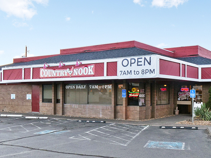 The iconic red-trimmed exterior of Big O Country Nook stands like a beacon for hungry travelers, promising comfort food salvation in Redmond's bustling landscape.