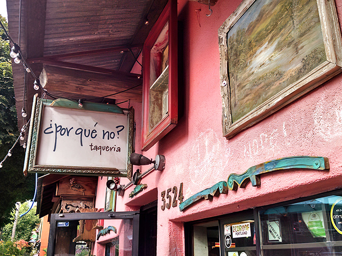 A colorful street-side oasis where Portland's gray skies surrender to the vibrant spirit of Mexico. The pink exterior practically screams "happiness served here!" 