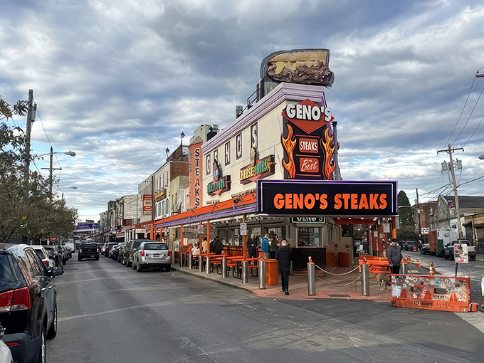 The Las Vegas of cheesesteak joints announces itself with neon bravado on the corner of 9th and Passyunk, a Philadelphia landmark that refuses to whisper. 