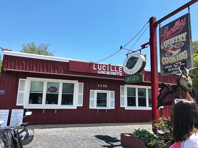 The brick-red exterior of Lucille's stands like a delicious mirage in the Pine Barrens, promising comfort food salvation to hungry travelers and locals alike.