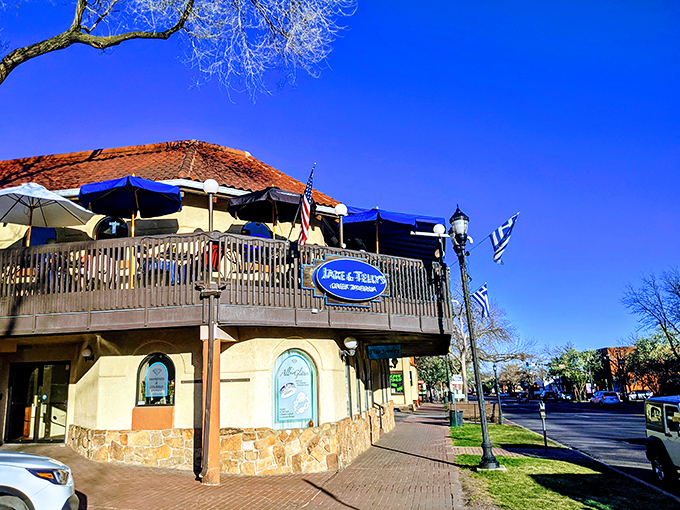 The terracotta roof and Mediterranean blue trim of Jake and Telly's stands out like a Greek island mirage in Colorado Springs' historic district.
