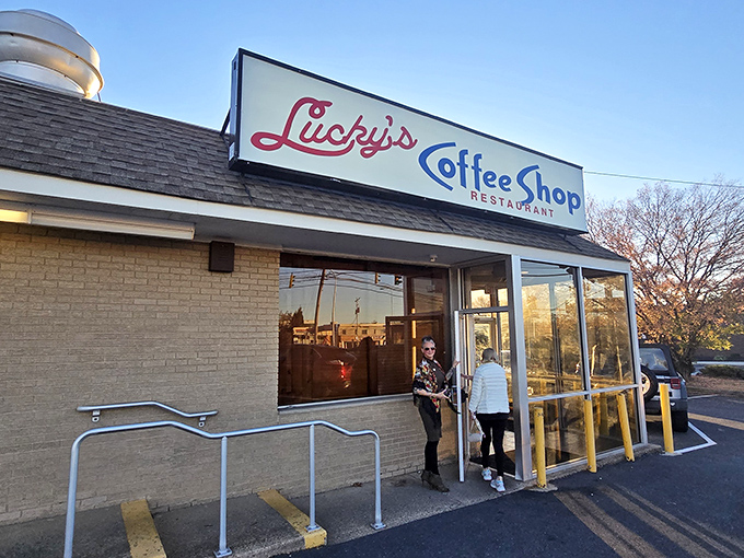Lucky's iconic storefront stands like a beacon of breakfast hope, promising morning salvation to hungry Wilmington residents. 