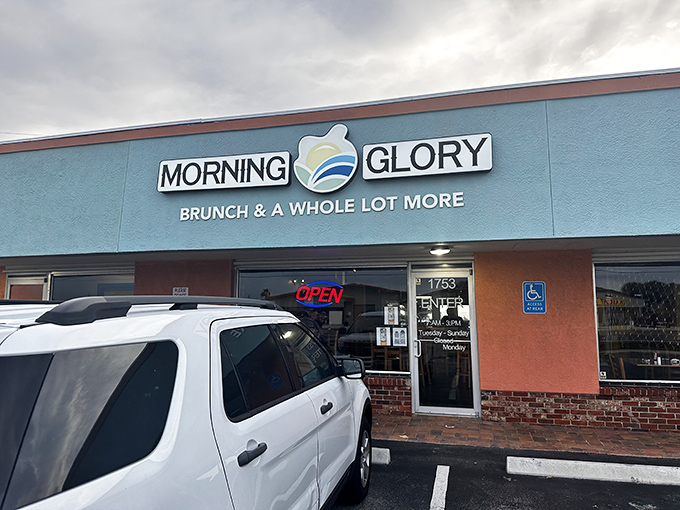 The bright blue exterior of Morning Glory serves as a beacon for breakfast enthusiasts seeking their morning salvation in Satellite Beach.