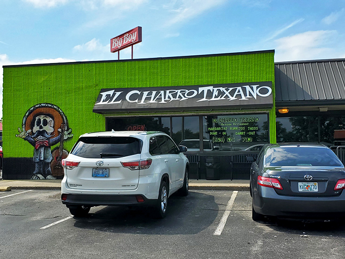 The lime-green exterior of El Charro Texano isn't just eye-catching&mdash;it's practically a landmark. These vibrant murals tell you immediately: this isn't your average taco joint.