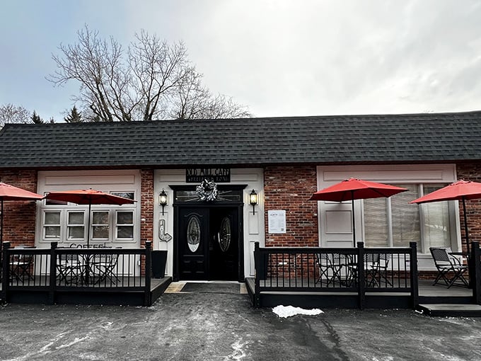The brick facade and cheerful red umbrellas of Old Mill Cafe welcome you like an old friend who happens to make the best breakfast in town.