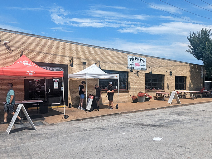 The unassuming yellow brick exterior of Pappy's Smokehouse hides a barbecue paradise within. That line of people? They know something you should too.