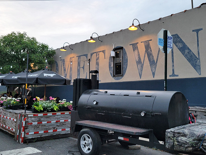 The unmistakable exterior of barbecue paradise, complete with that massive smoker that's practically a Brooklyn landmark. Meat magic happens here.