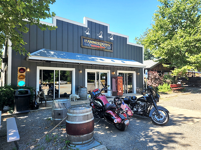 The unassuming gray facade of Hammerdown Barbecue stands like a smoke signal to hungry travelers&mdash;architectural proof that the best BBQ joints never need fancy frills. 