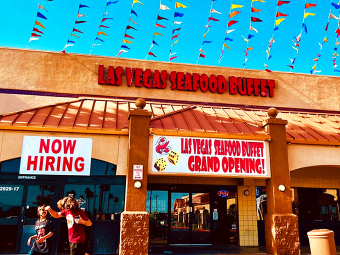 The desert's seafood mirage comes complete with festive flags that flutter like a maritime celebration in Phoenix's arid landscape. Who knew paradise had a "Now Hiring" sign?