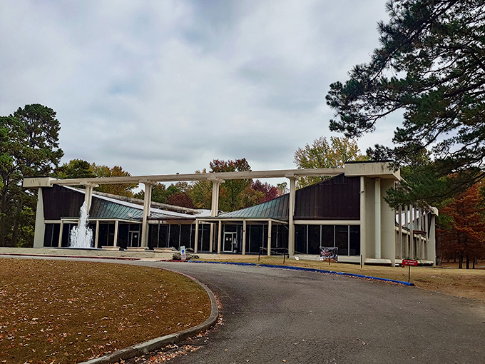 The Museum of Automobiles stands like a mid-century modern temple to transportation, its distinctive butterfly roof and dancing fountains welcoming visitors to automotive paradise.
