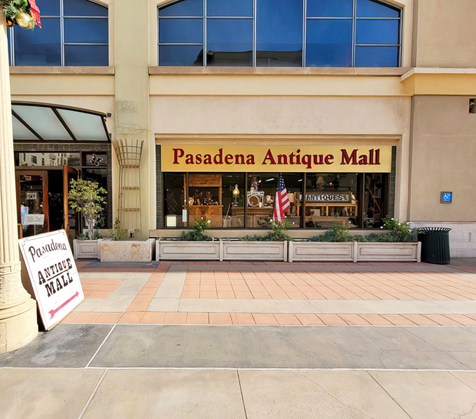 The unassuming exterior of Pasadena Antique Mall belies the wonderland of treasures waiting inside. Like a time machine disguised as a storefront.