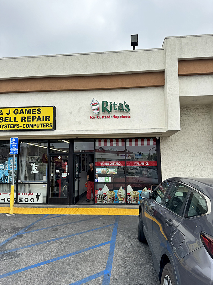 Rita's welcoming storefront promises "Ice, Custard, Happiness" &ndash; three simple words that might be the most honest advertising in Los Angeles.