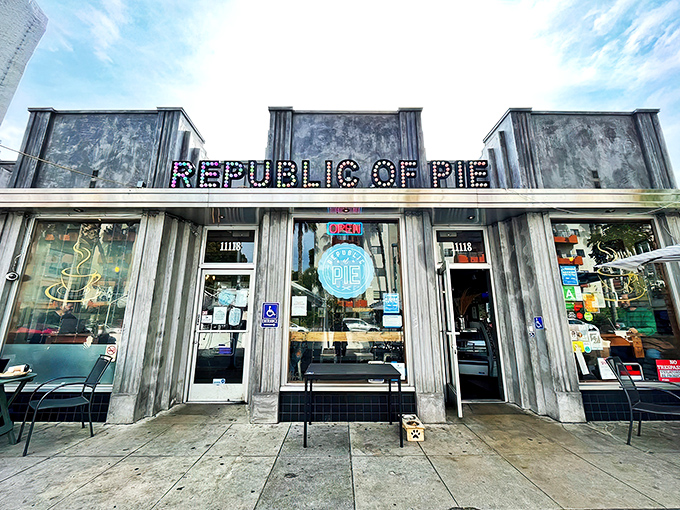 The marquee lights of Republic of Pie announce its presence like a Broadway show that happens to serve dessert. A slice of mid-century charm in modern NoHo.