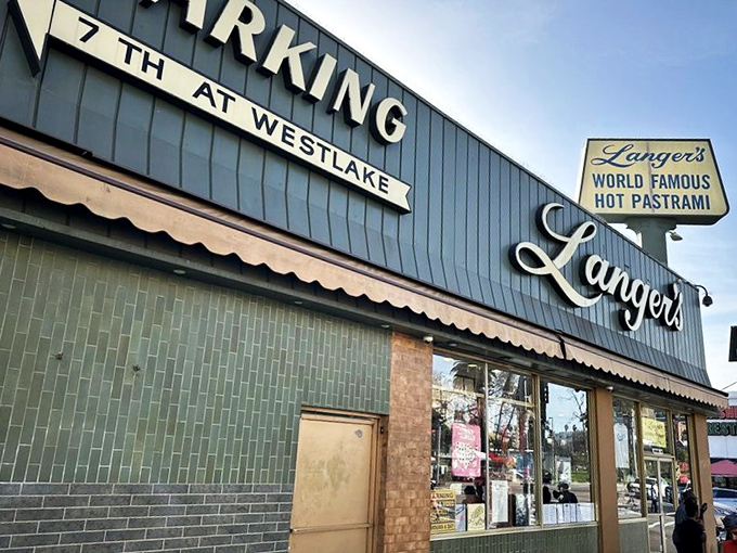 The iconic Langer's sign stands proudly against the LA sky, a beacon of hope for the pastrami-deprived masses since 1947.