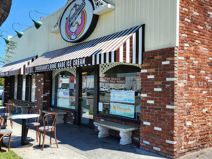 The brick exterior of Fosselman's stands like a time capsule on Main Street, complete with classic awning and outdoor seating for prime people-watching. 