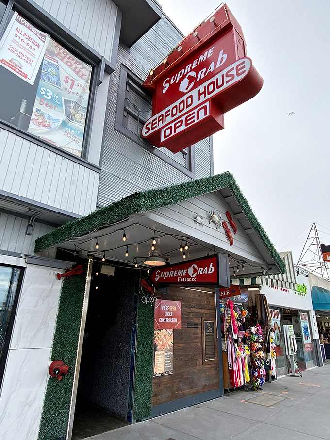 The unassuming storefront of Supreme Crab beckons like a siren call to seafood lovers. No fancy frills needed when what's inside matters most.