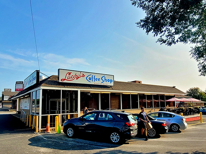 The iconic Lucky's sign welcomes you like an old friend, promising comfort food and conversations that'll make your morning shine.