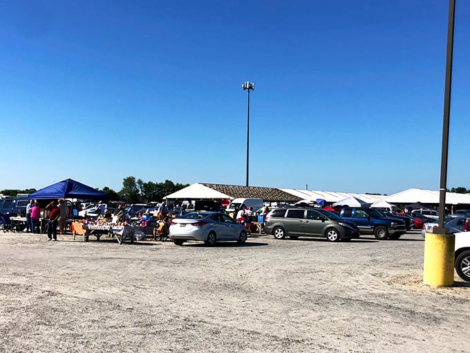 The treasure hunt begins in this unassuming gravel lot, where pickup trucks and sedans gather like prospectors at a modern-day gold rush.