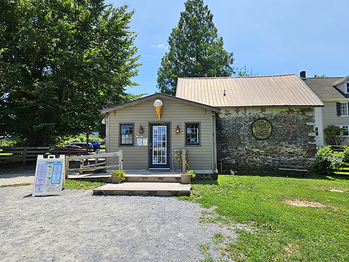 The farmhouse charm of Woodside Farm Creamery beckons like an ice cream siren, with its stone wall and iconic cone sign promising dairy delights within.