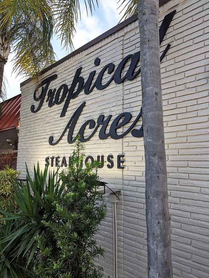 The iconic white brick fa&ccedil;ade of Tropical Acres glows invitingly at night, palm trees standing guard like old friends welcoming you home.