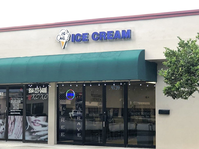 The unassuming storefront with its cheerful blue sign and green awning belies the frozen magic happening inside. Florida's hidden gem awaits.