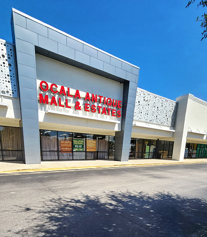 The bright red signage of Ocala Antique Mall beckons treasure hunters like a lighthouse for nostalgia seekers in search of memories.